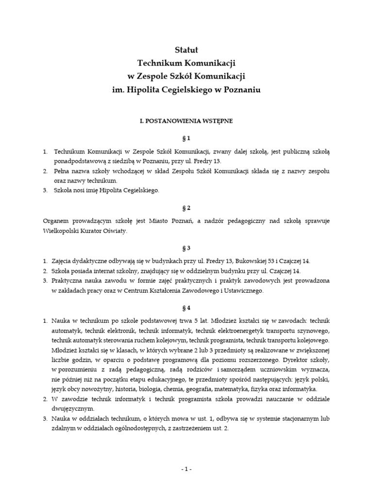 Statut Technikum Komunikacji 2024 | PDF