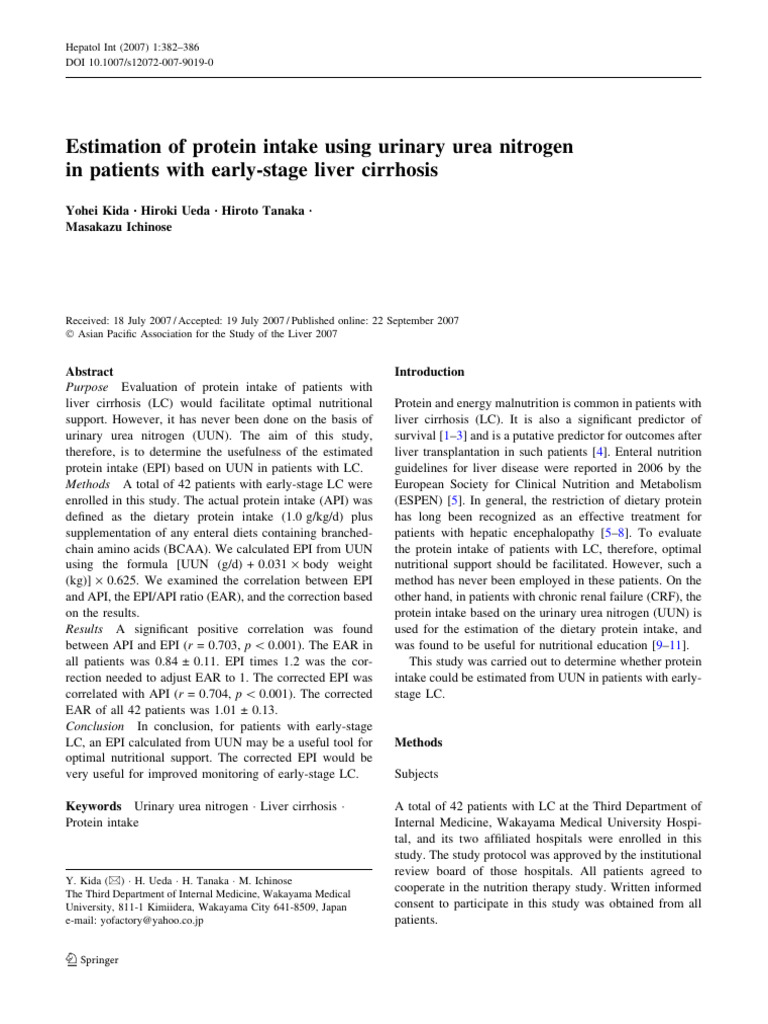 Estimation of Protein Intake Using Urinary Urea Nitrogen in Cirrhosis ...