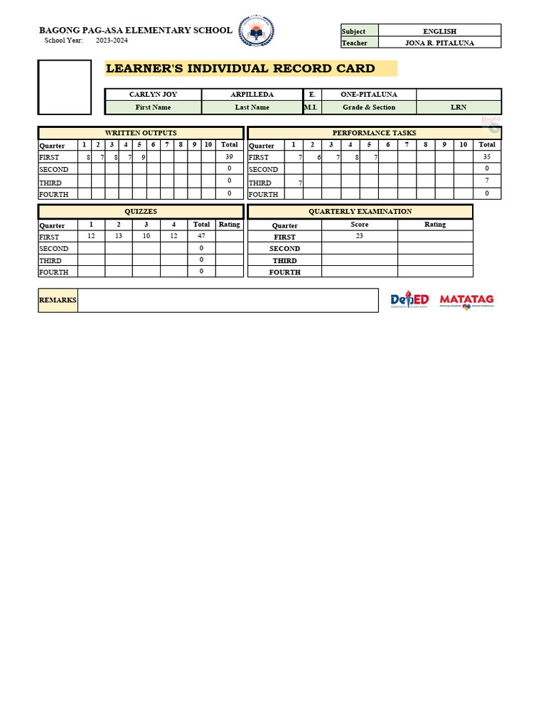 LEARNER'S INDIVIDUAL RECORD CARD_ gRADE 1 | PDF