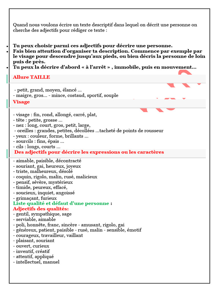 Adjectifs pour décrire une personne | PDF | Sourire | Visage