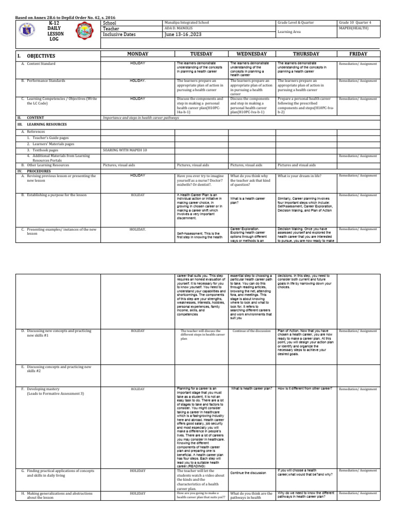 Grade 10 MAPEH Health Career Plan Log | PDF | Learning | Teachers