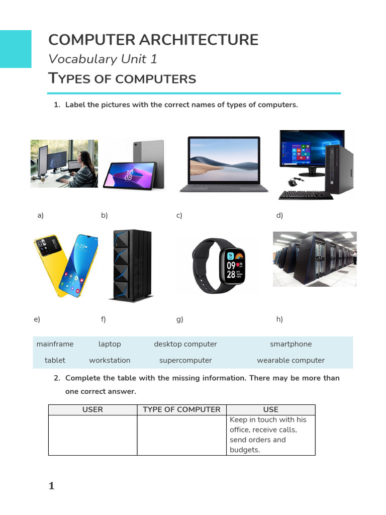 VOCABULARY Types of computers. Peripherals | PDF | Personal Computers | Laptop