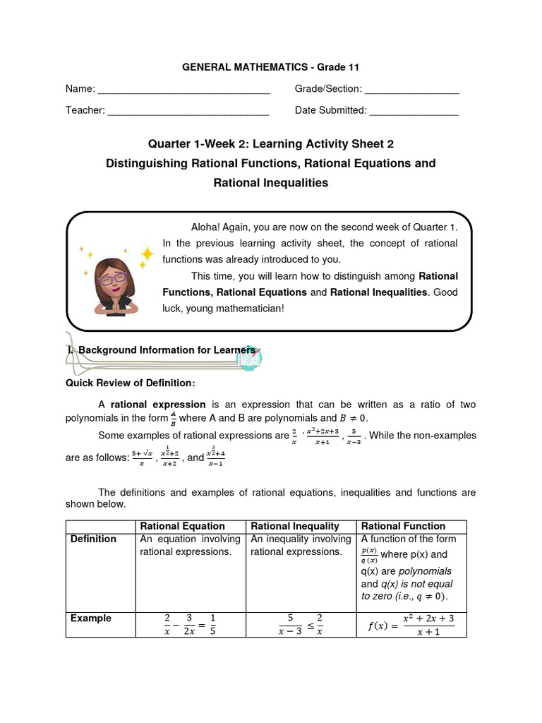 GenMath Week 2 LAS 2 - 063848 | PDF | Equations | Inequality (Mathematics)