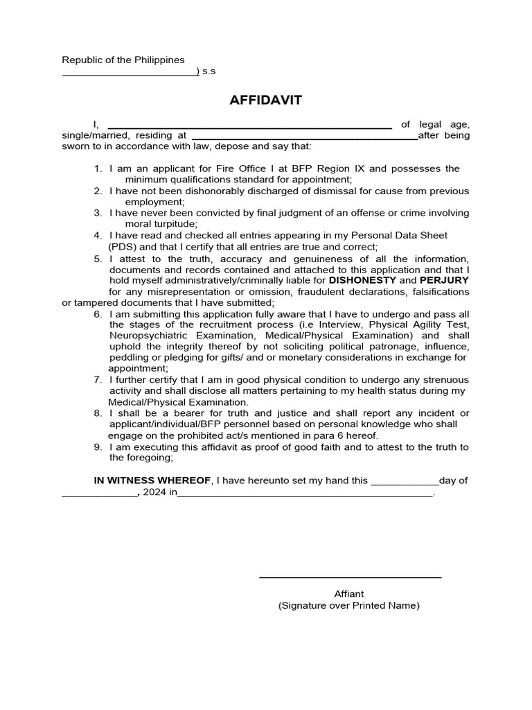 Affidavit for BFP Fire Officer I Application | PDF | Affidavit | Legal ...