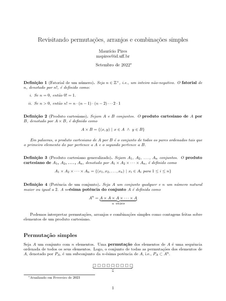 Permutações, Arranjos e Combinações | PDF | Conjunto (Matemática) | Números