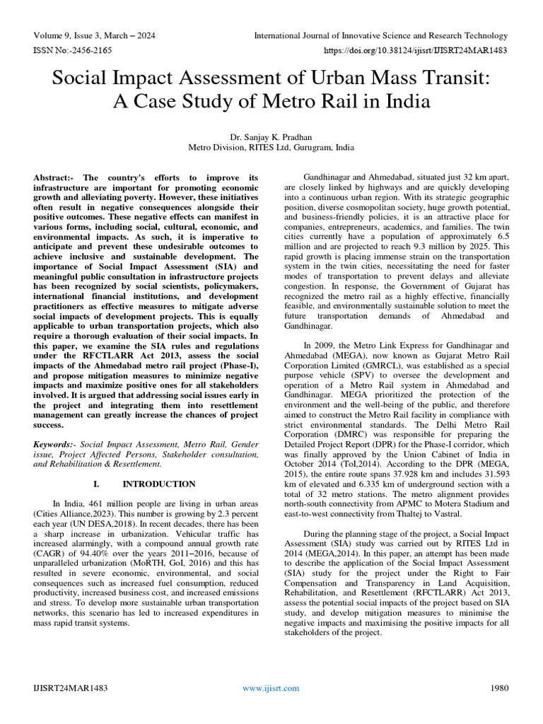 Social Impact Assessment of Urban Mass Transit: A Case Study of Metro ...