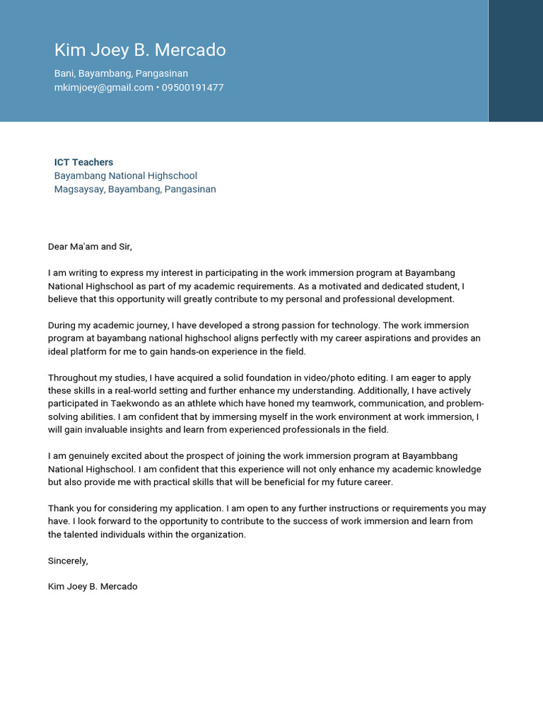 Work Immersion Application at Bayambang High | PDF