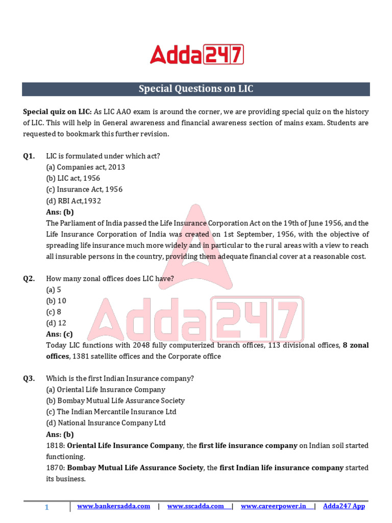 Special Questions On LIC - 594 | PDF | Companies | Private Sector