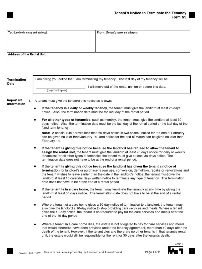 Termination N9 Form Tenancy | PDF | Leasehold Estate | Landlord