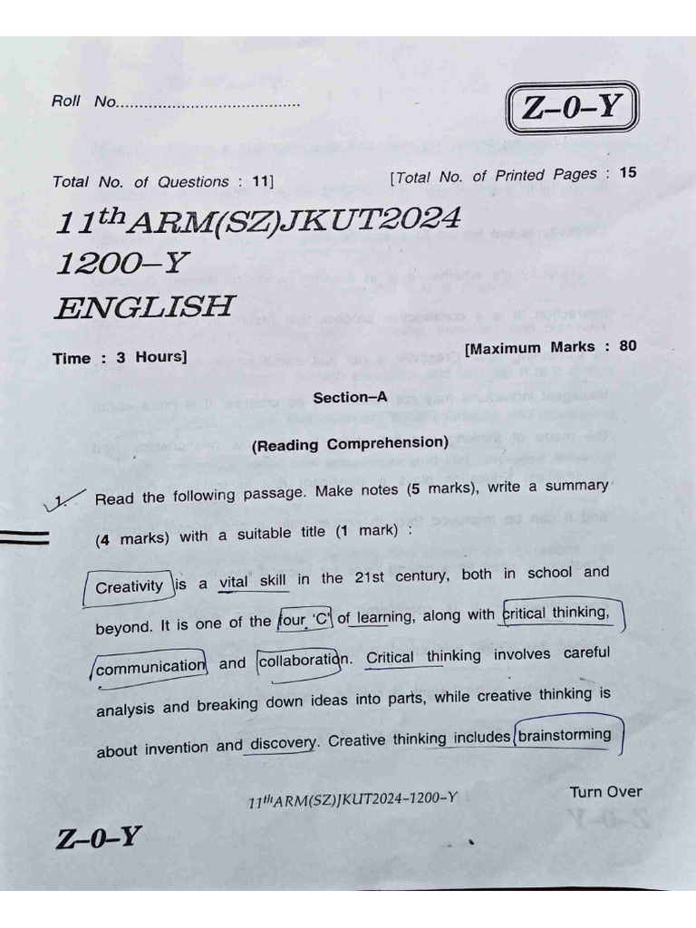 JKBOSE Class 11th General English Paper 2024 ! Series Y | PDF