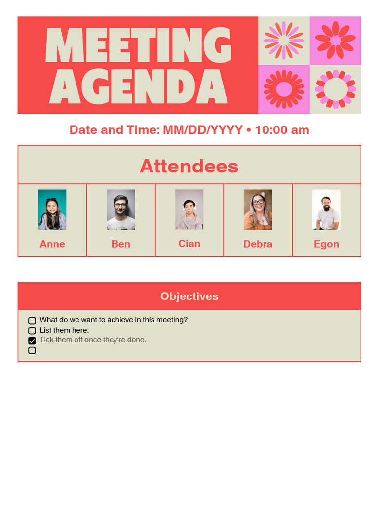 Pink Red Tan Friendly Corporate Standard Meeting Agenda | PDF | Career ...