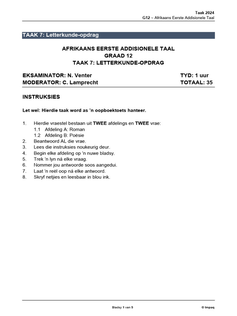 Grade 12 Afrikaans Test Practice | PDF