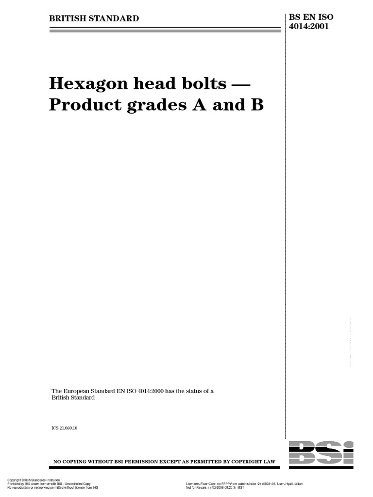 ISO-4014 - 2001 R2006 Hexagon Head Bolts | PDF | Screw