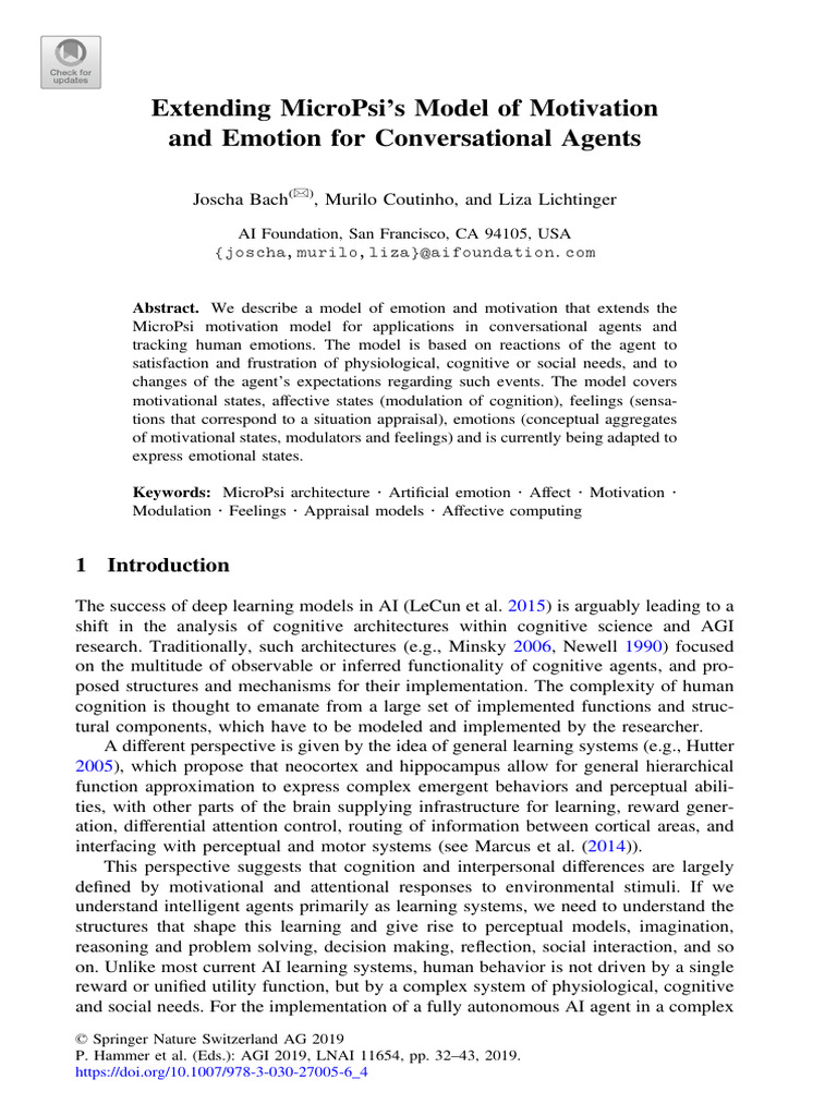 2019 - Extending MicroPsi's Model of Motivation and Emotion For Conversational Agents | PDF ...