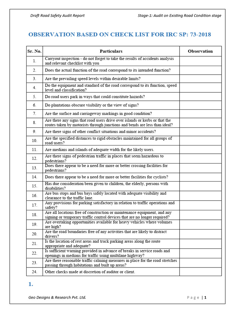 Checklist for IRC SP 73 - 2018 | PDF | Traffic | Road