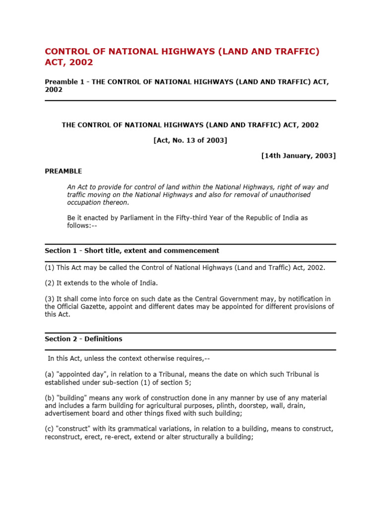 Control of National Highways (Land and Traffic) Act, 2002 | PDF ...