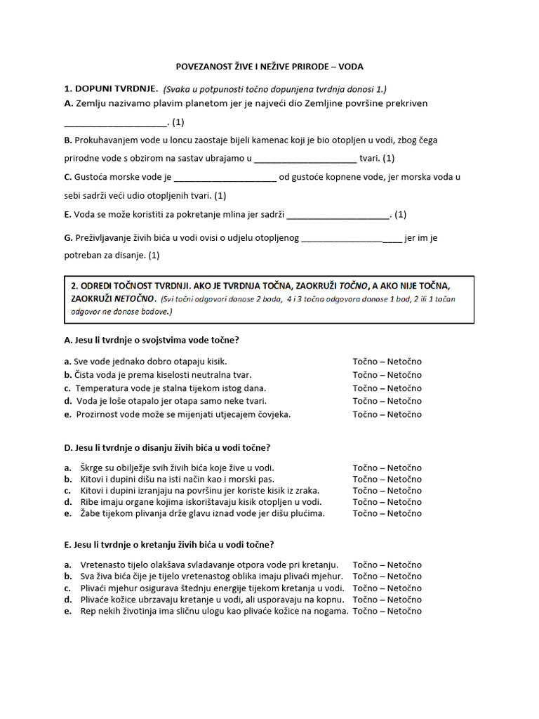 POVEZANOST ŽIVE I NEŽIVE PRIRODE Voda Vjezba | PDF