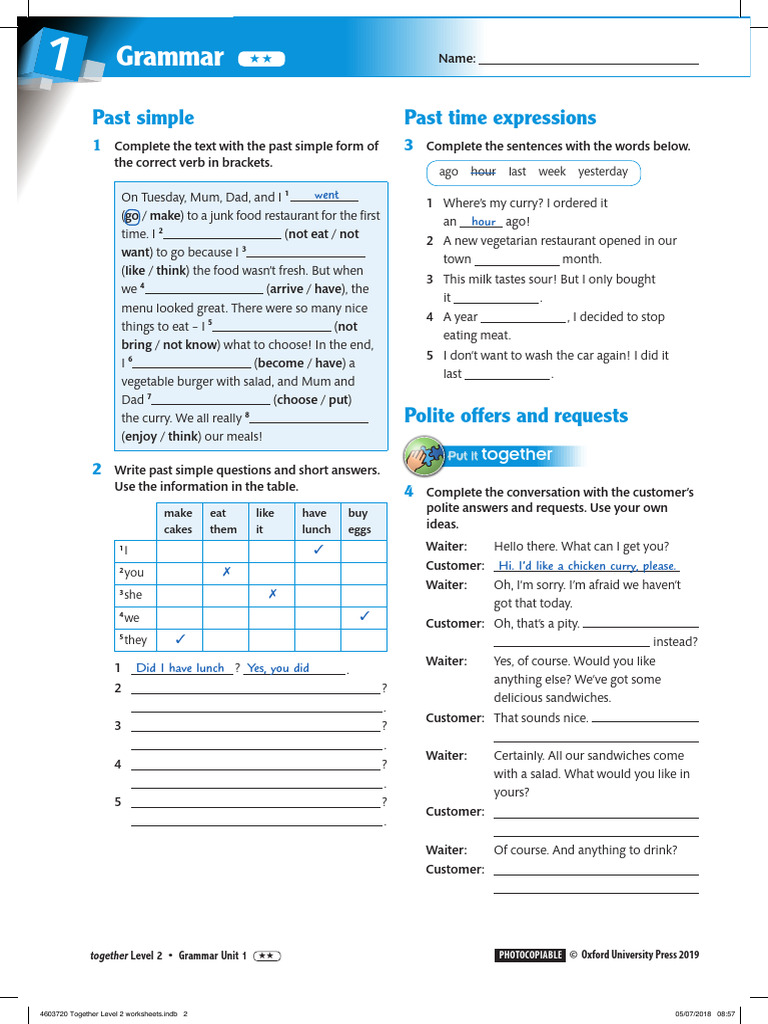 Together 2 Worksheets Unit1 | PDF | Lunch | Verb