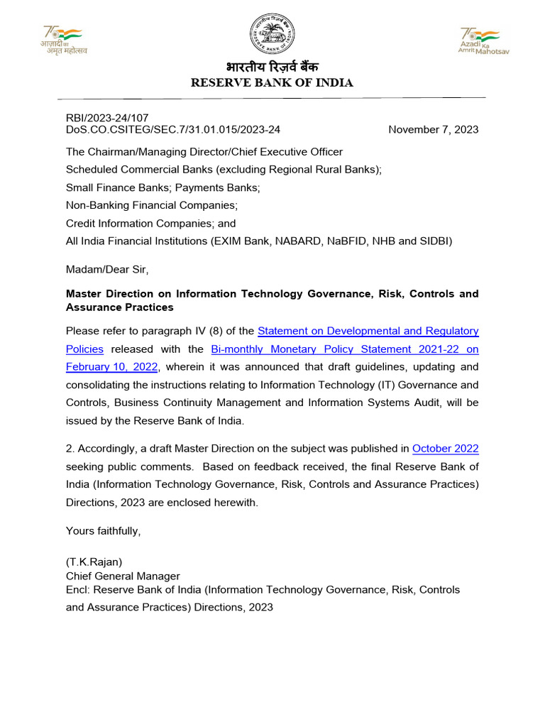 RBI - Master Direction On Information Technology Governance Risk ...