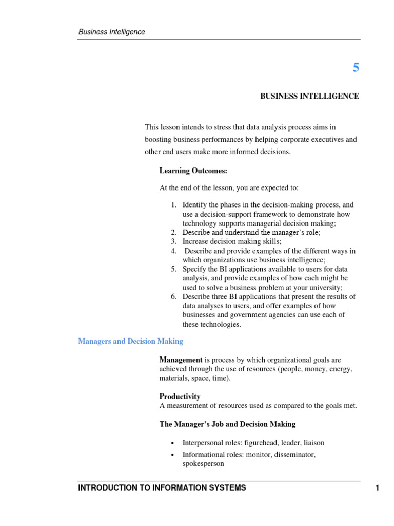 W5 Lesson 5 - Business Intelligence - Module | PDF | Business Intelligence | Decision Making