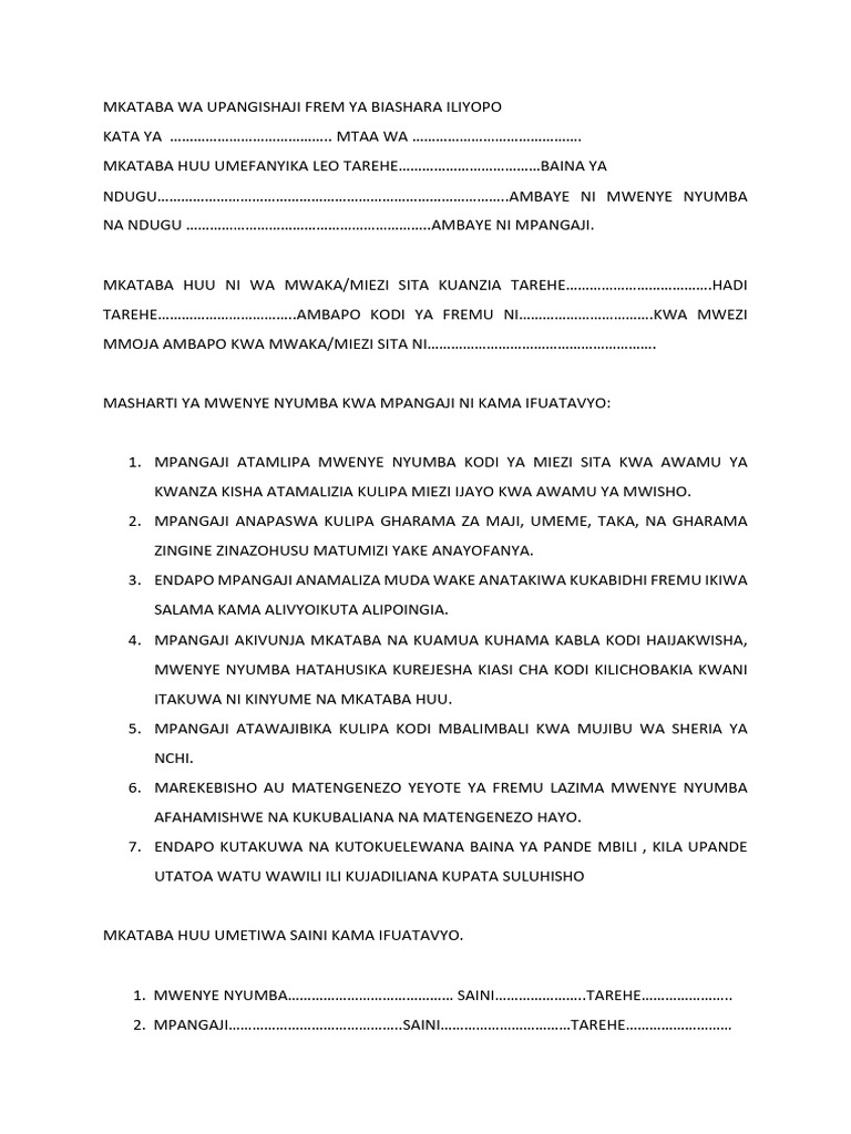 Mkataba Wa Upangishaji Frem Ya Biashara | PDF
