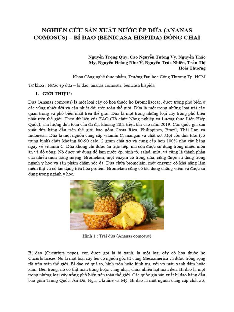 NGHIÊN CỨU SẢN XUẤT NƯỚC ÉP DỨA (ANANAS COMOSUS) - BÍ ĐAO (BENICASA ...