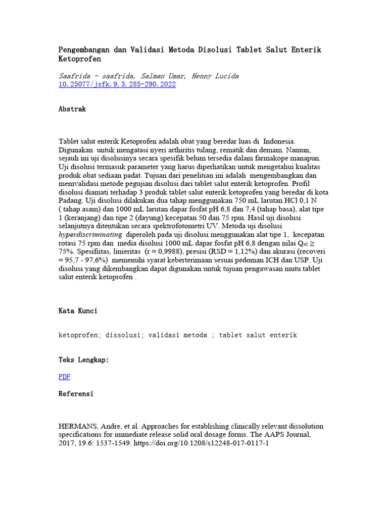 Pengembangan Dan Validasi Metoda Disolusi Tablet | PDF