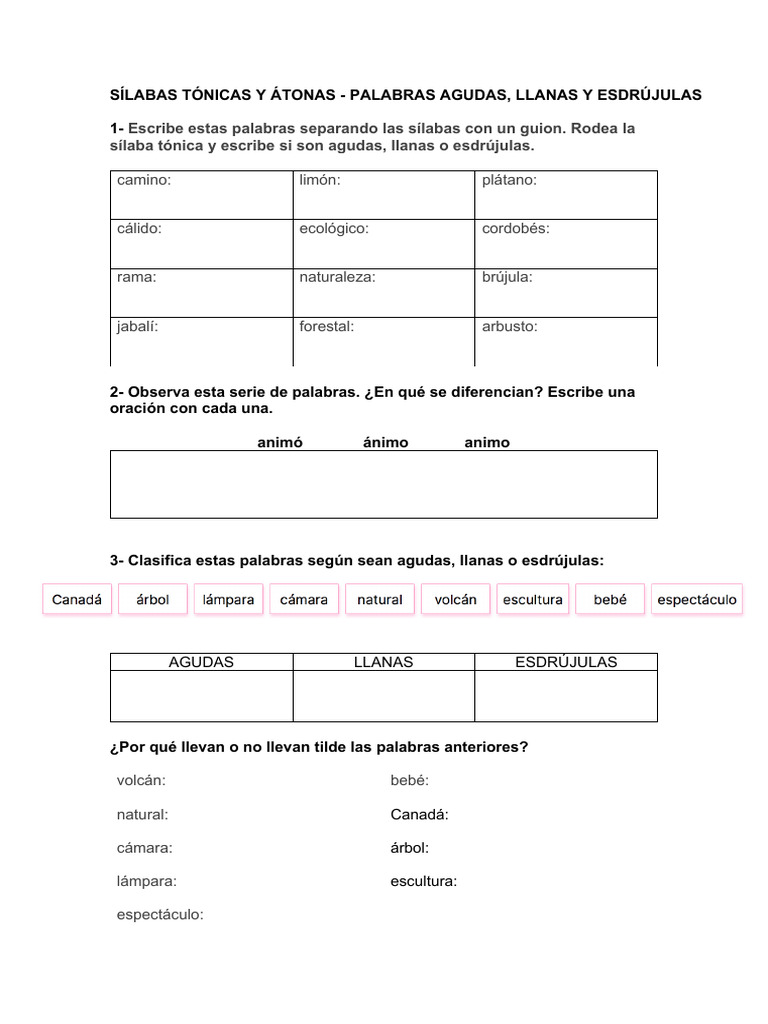 SÍLABAS TÓNICAS Y ÁTONAS - PALABRAS AGUDAS, LLANAS Y ESDRÚJULAS | PDF