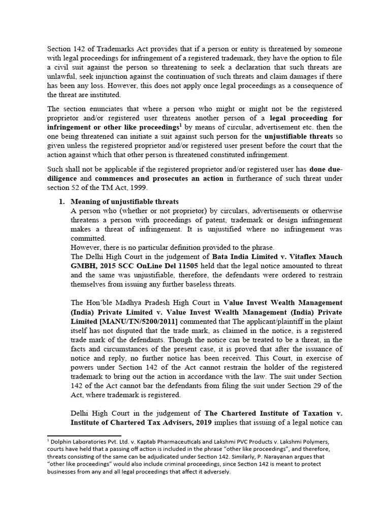 Note On Sec 142 TM Act | PDF | Trademark | Patent Infringement