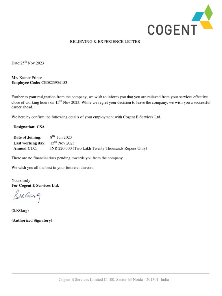 CE0823954153_Relieving Experience Letter (1) (1) | PDF