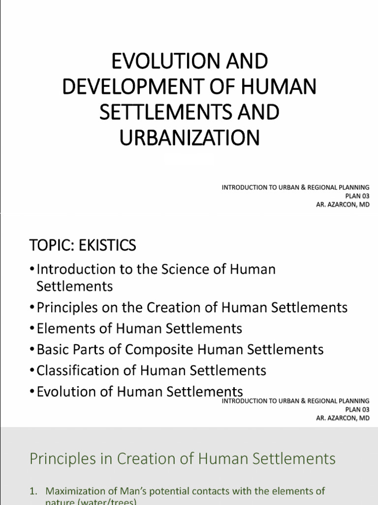 EVOLUTION-AND-DEVELOPMENT-OF-HUMAN-SETTLEMENTS-EKISTICS | PDF