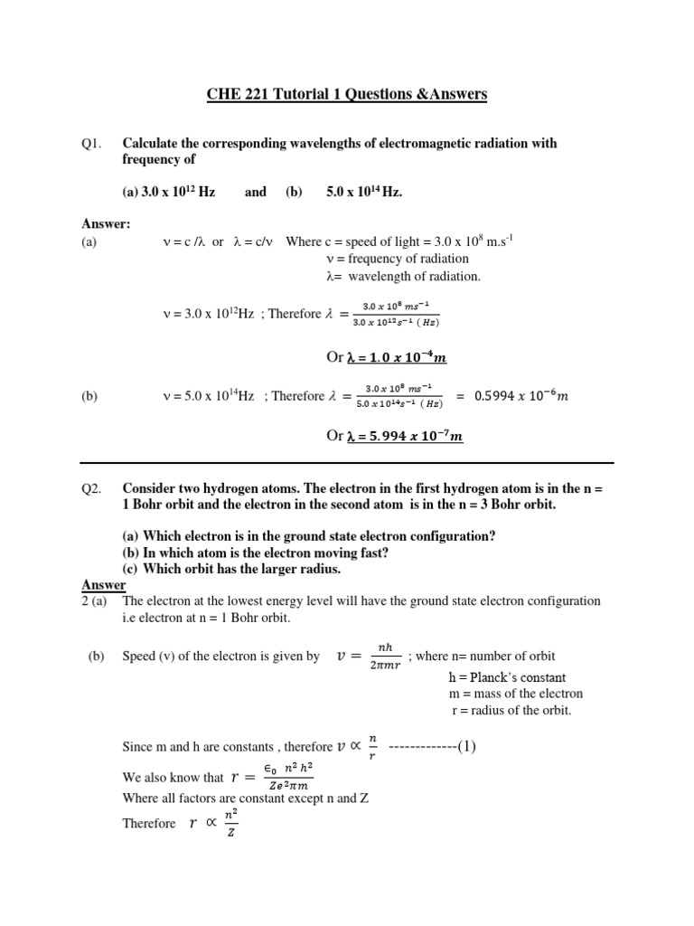 Tutorial 1 CHE 221_Solutions_( 2024) | PDF | Electron | Physical Chemistry