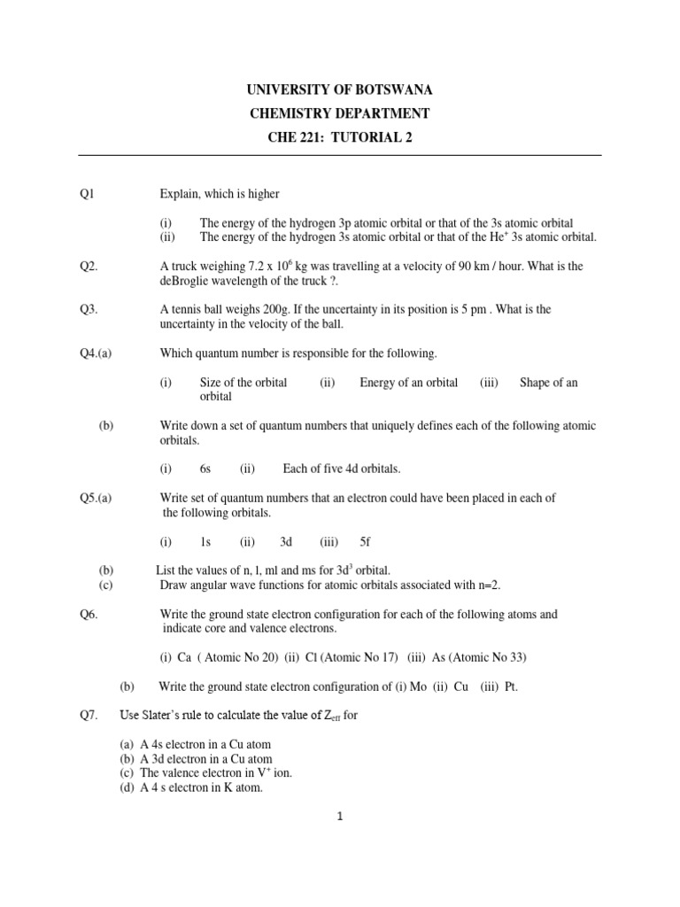 Tutorial 2 - Solution - CHE 221 (2024) | PDF | Atomic Orbital | Electron Tutorial 2 - Solution - CHE 221 (2024) | PDF | Atomic Orbital | Electron