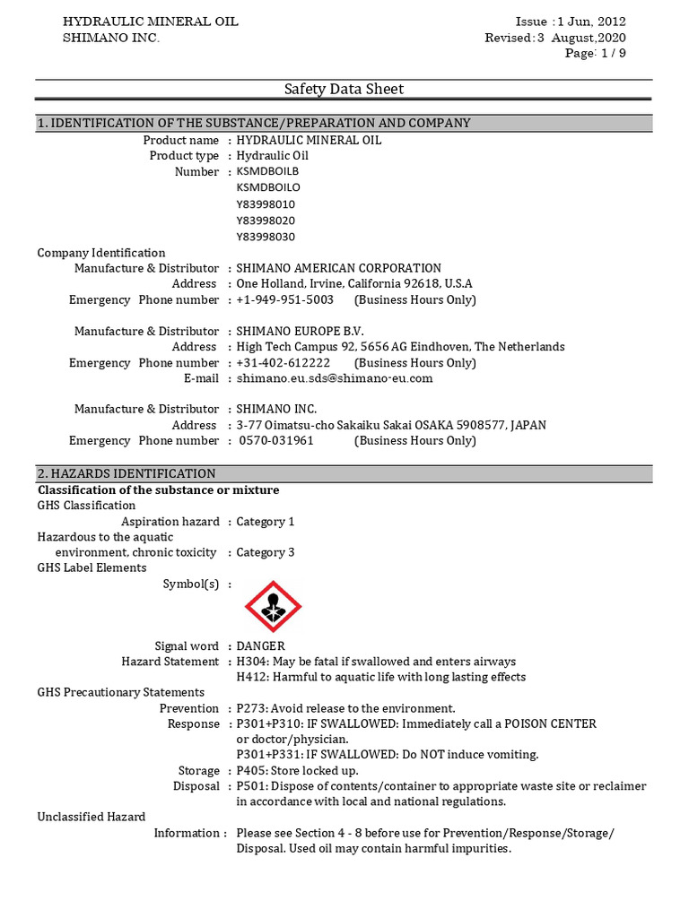 hydraulic mineral oil-202008-ENG-GHS | PDF | Toxicity | Dangerous Goods