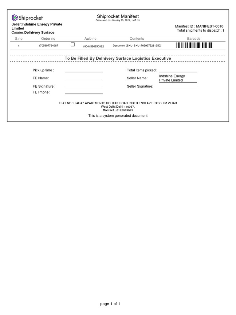 Shiprocket Manifest for Indshine Energy | PDF