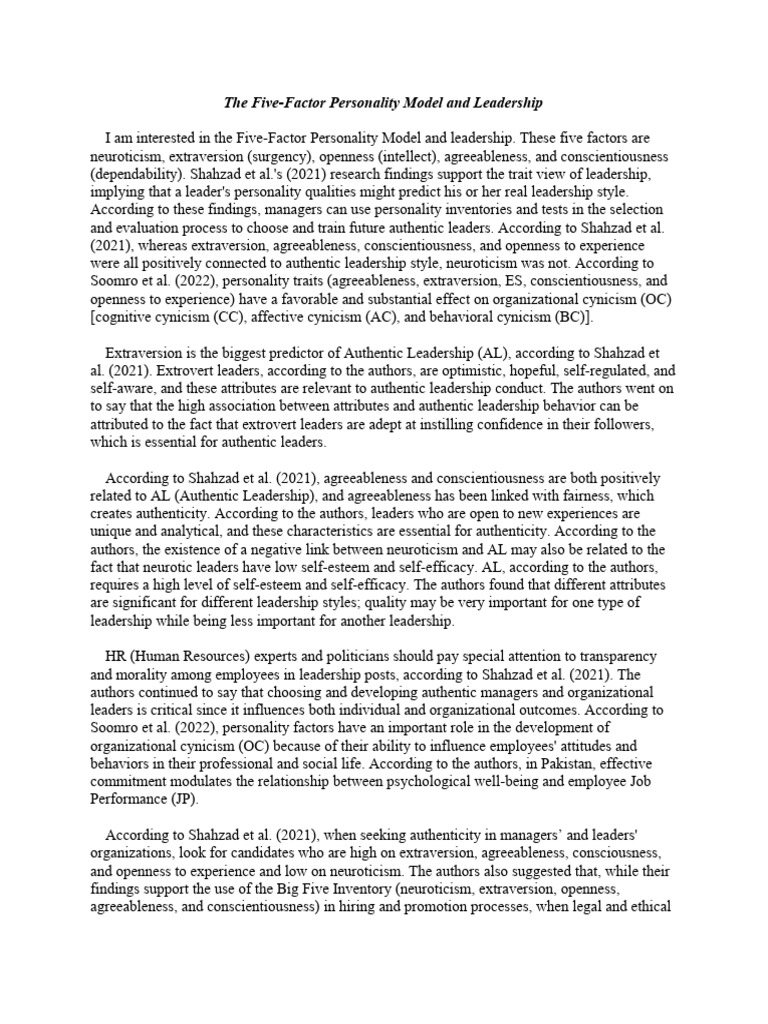 Five-Factor Model's Impact on Leadership | PDF | Leadership | Extraversion And Introversion