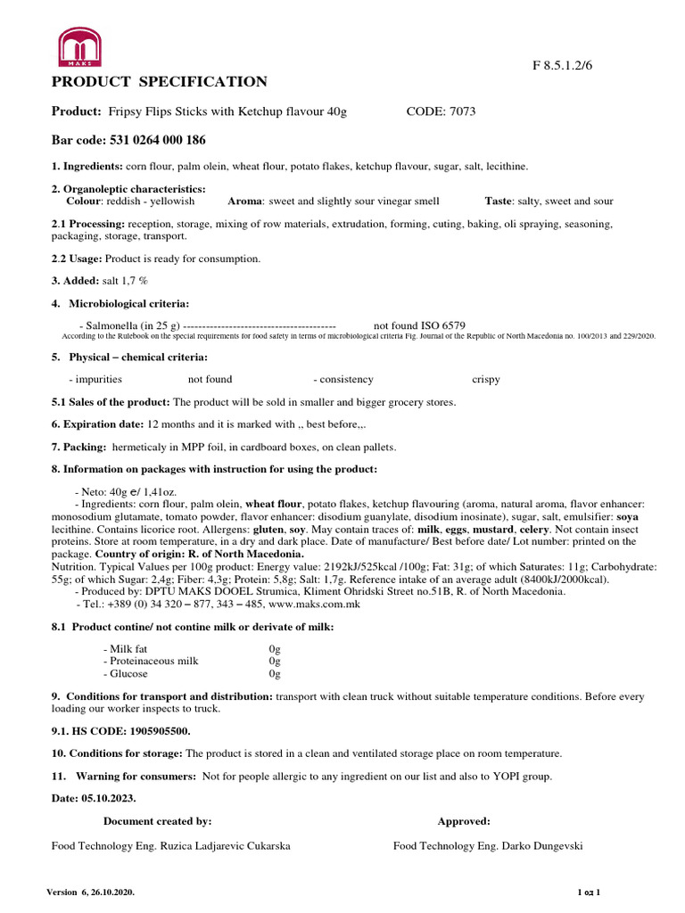 F 8.5.1.2 - 6 7073 PS Fripsy Flips Ketchup Sticks 40g 2023 | PDF | Milk ...