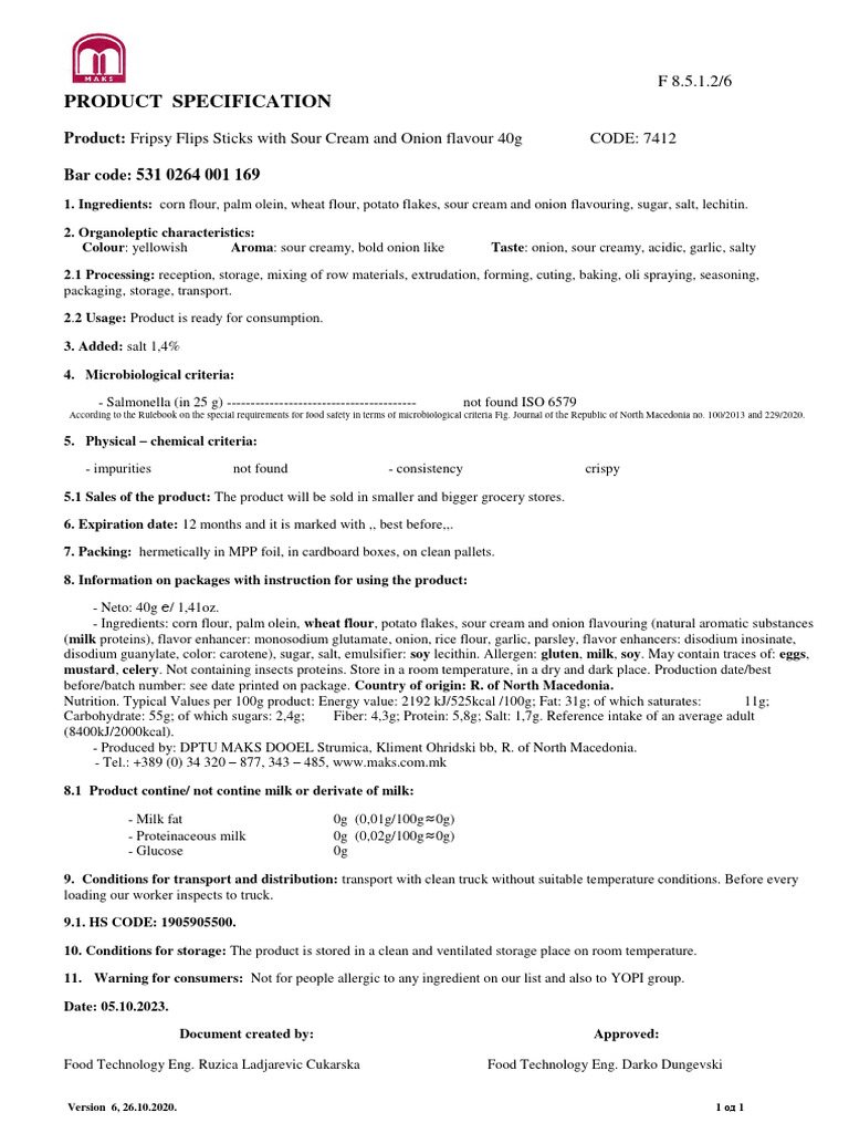 F 8.5.1.2 - 6 7412 PS Fripsy Flips Sticks Sour Cream and Onion 40g 2023 | PDF | Taste | Foods