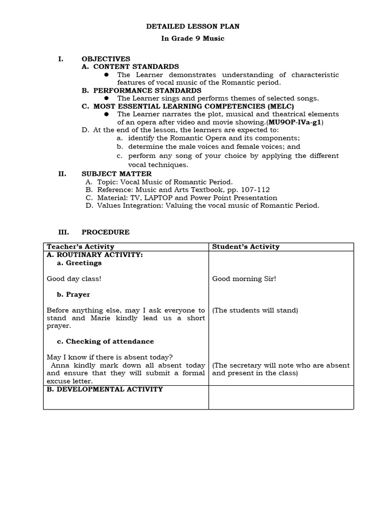 DETAILED-LESSON-PLAN-G9-music - 4th_012838 | PDF | Singing | Opera