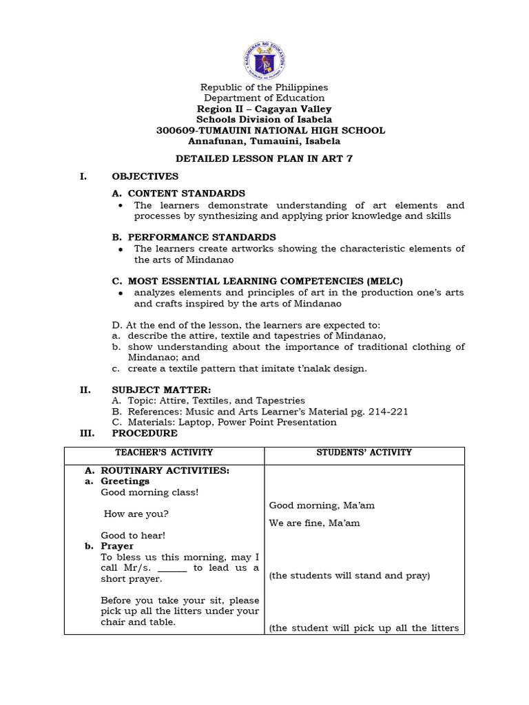 Arts Quarter 3 Module 1 DLP | PDF | Textiles | Clothing