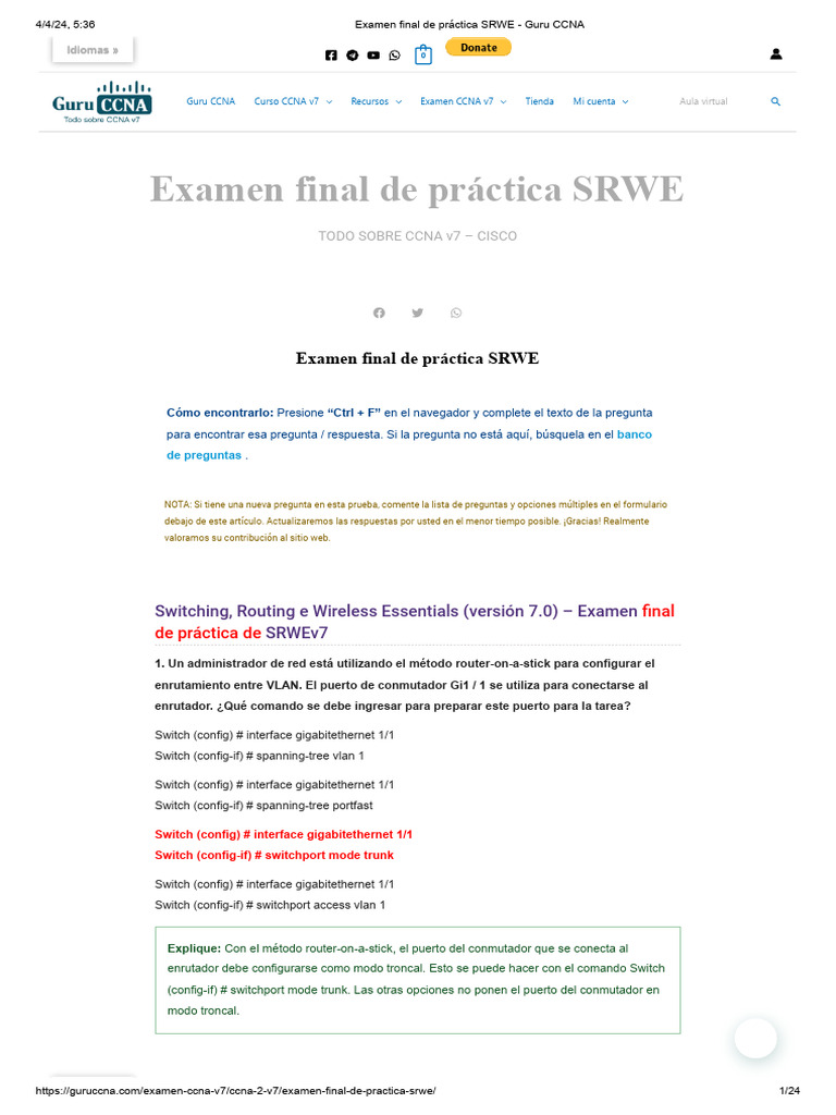 Examen Final de Práctica SRWE - Guru CCNA | PDF | Enrutador (Computación) | Conmutador de red