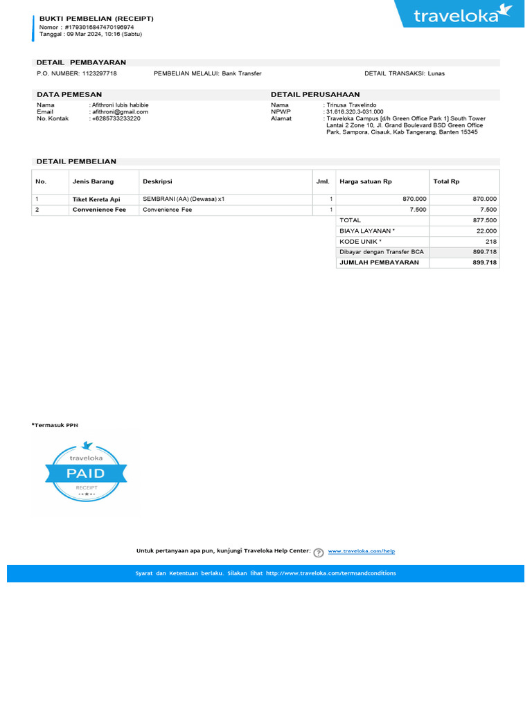 Invoice Pembelian Tiket Kereta Traveloka | PDF