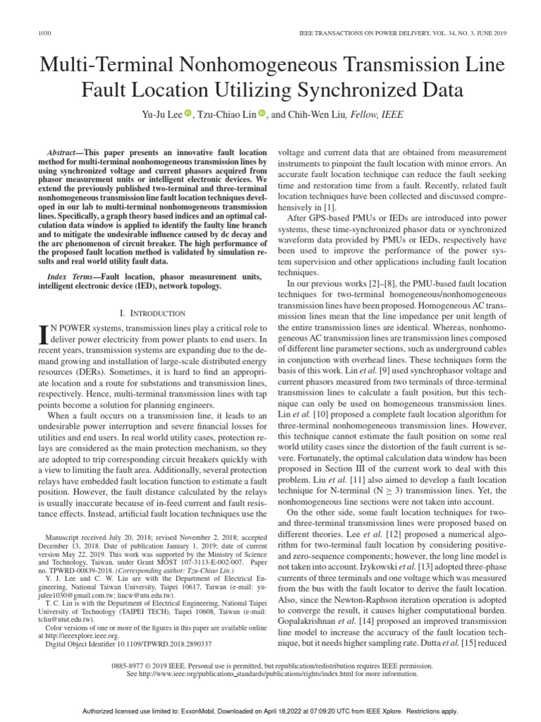 Multi Terminal Nonhomogeneous Transmission Line Fault Location Utilizing Synchronized Data Pdf