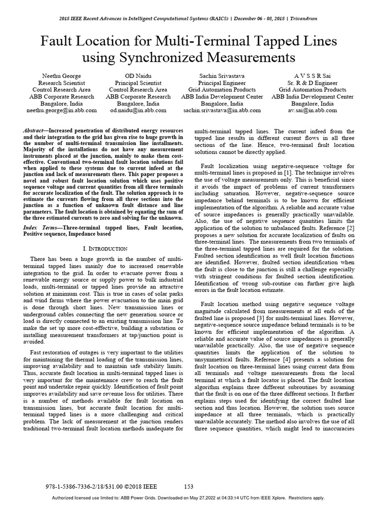 Fault Location For Multi Terminal Tapped Lines Using Synchronized Measurements Pdf