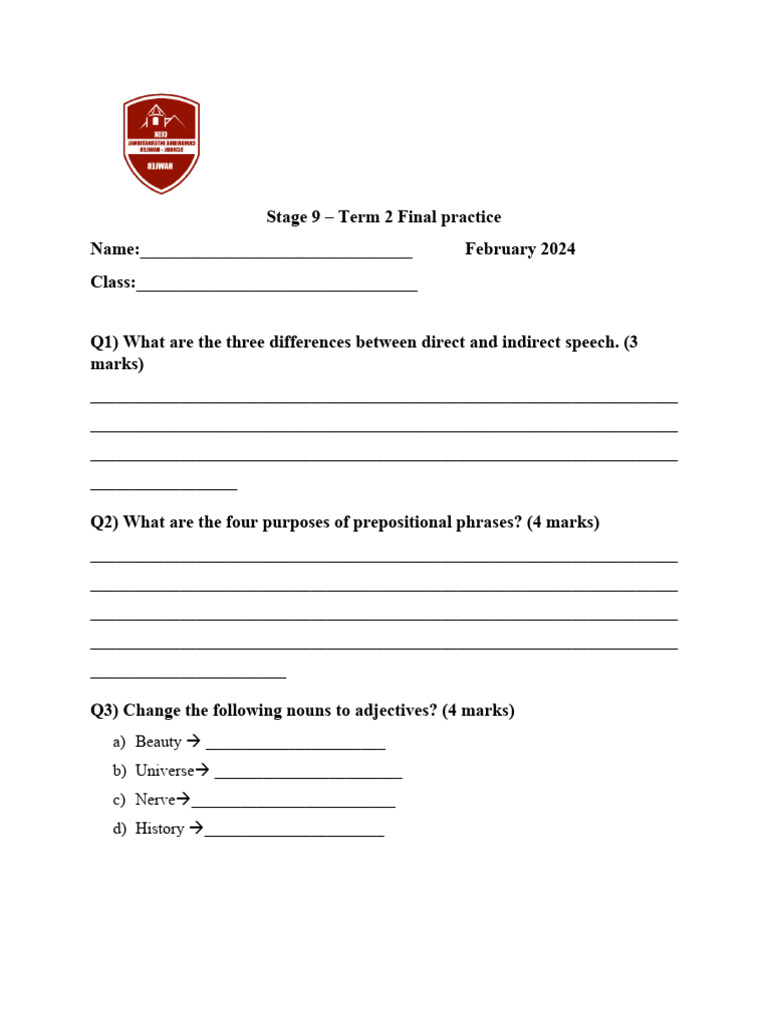 English Practice Test - Term 2 2024 | PDF | Verb | Semantic Units