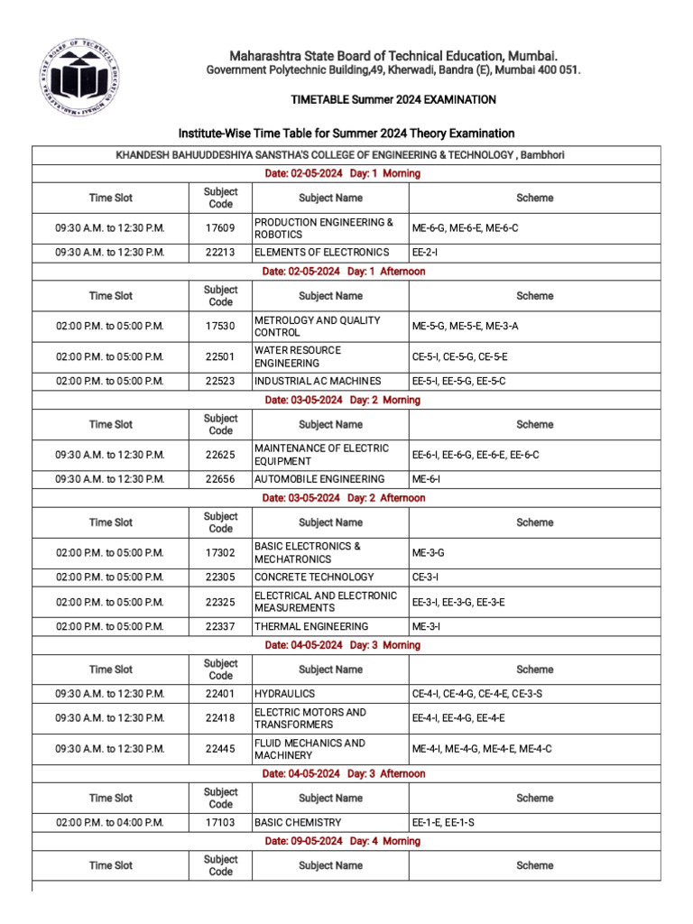 Time Table For Summer 2024 Theory Examination-1 | PDF | Engineering ...