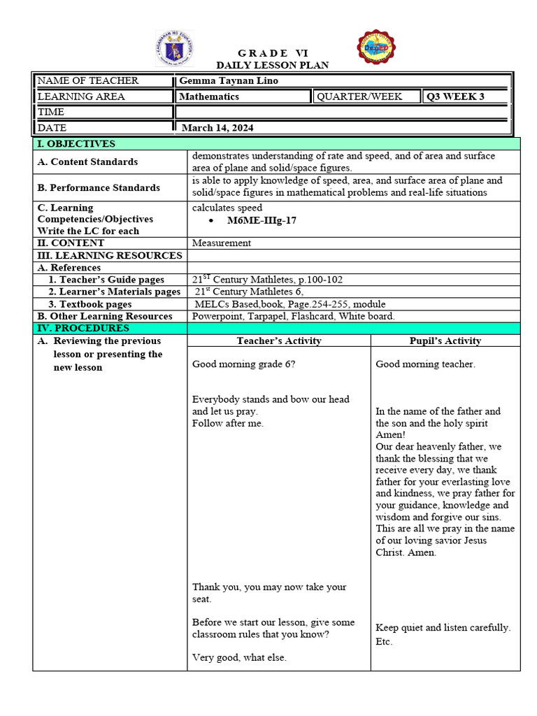 Mathematics-6-Local-Demo Gemma | PDF | Speed | Distance