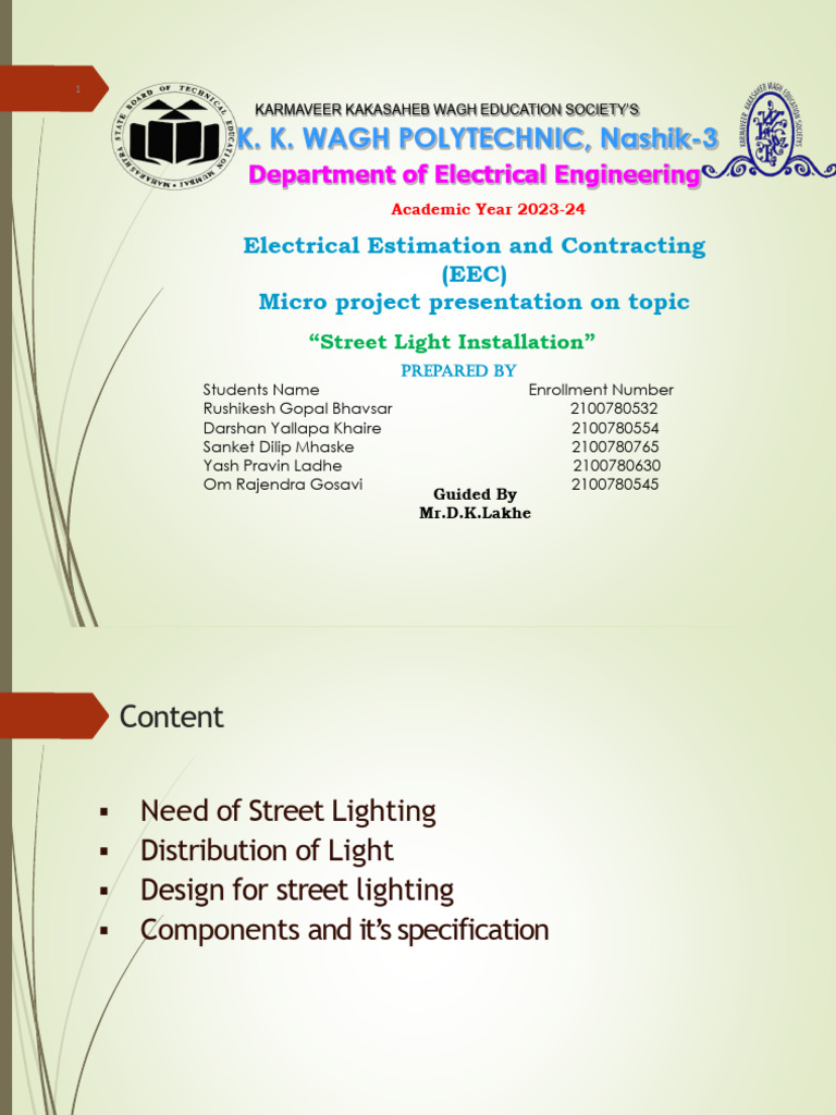 K. K. Wagh Polytechnic, Nashik-3: Department of Electrical Engineering | PDF | Lighting | Street ...