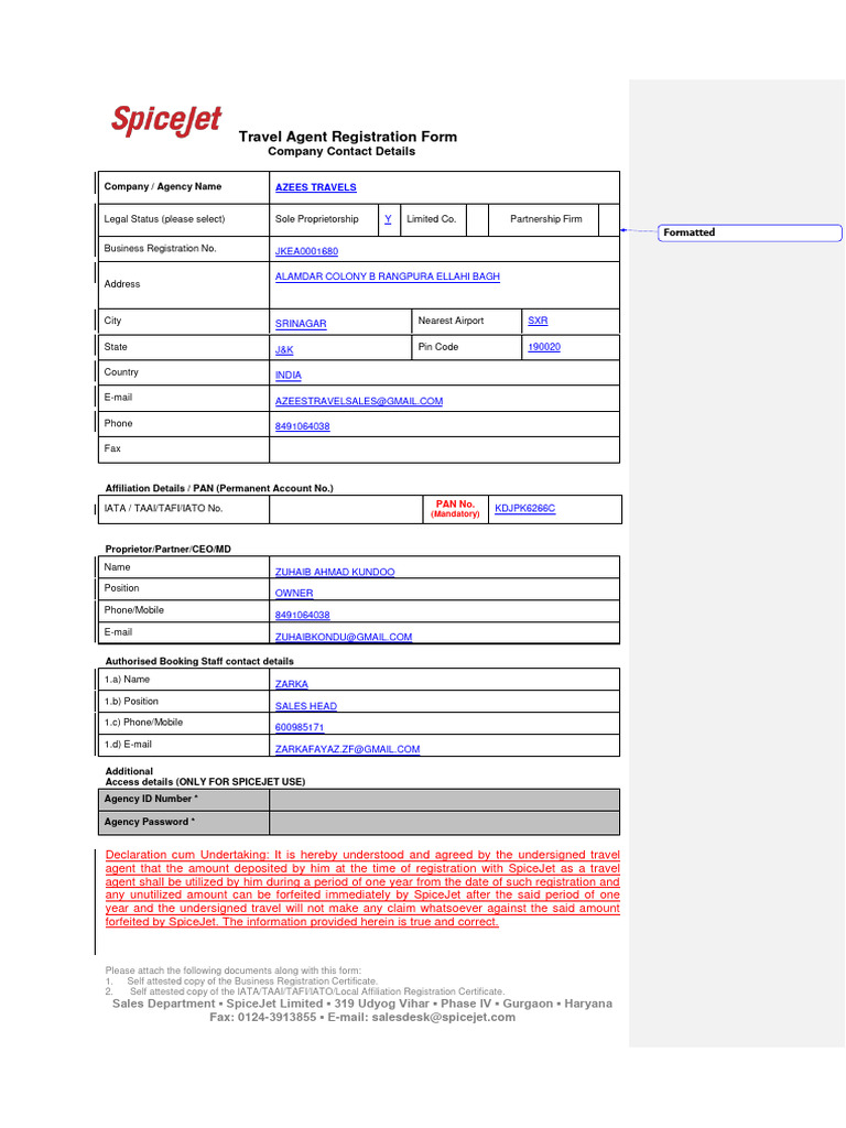 Travel Agent Registration Form | PDF