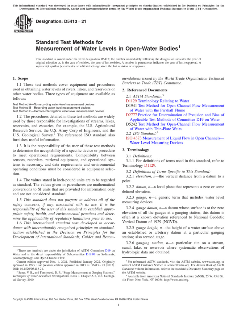 Standard Test Methods For Measurement of Water Levels in Open-Water ...